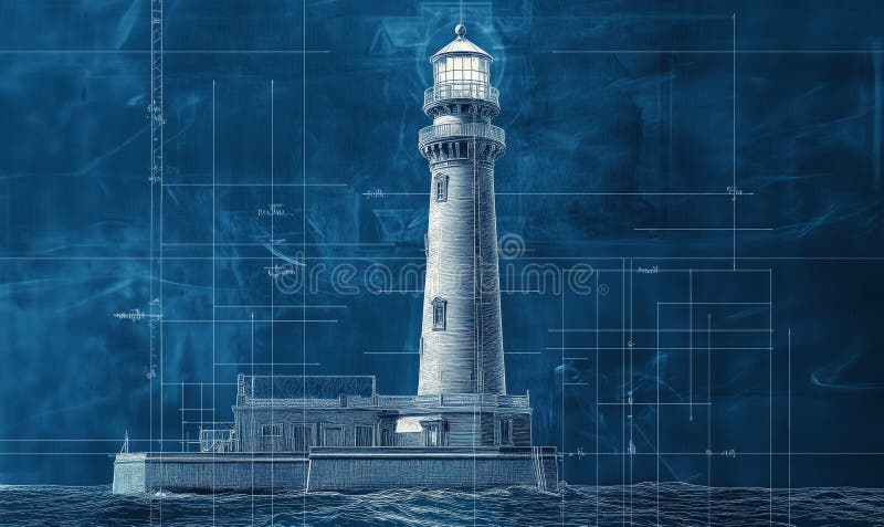 Blueprint of a Lighthouse with Detailed Architectural Design and Ocean ...