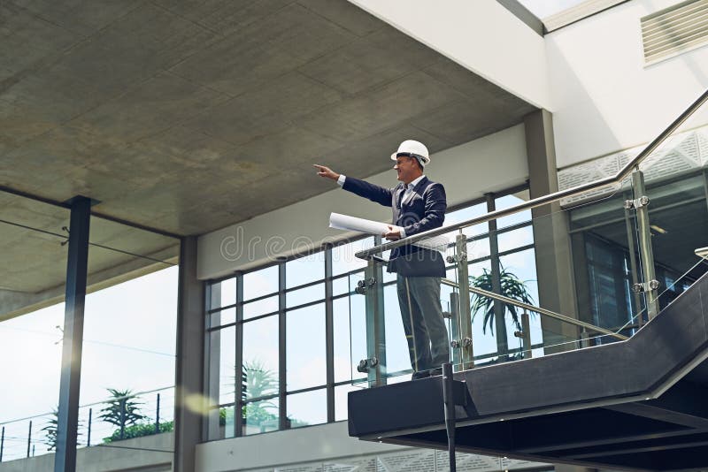 Blueprint, Man and Engineer Pointing at Construction Site for Office ...