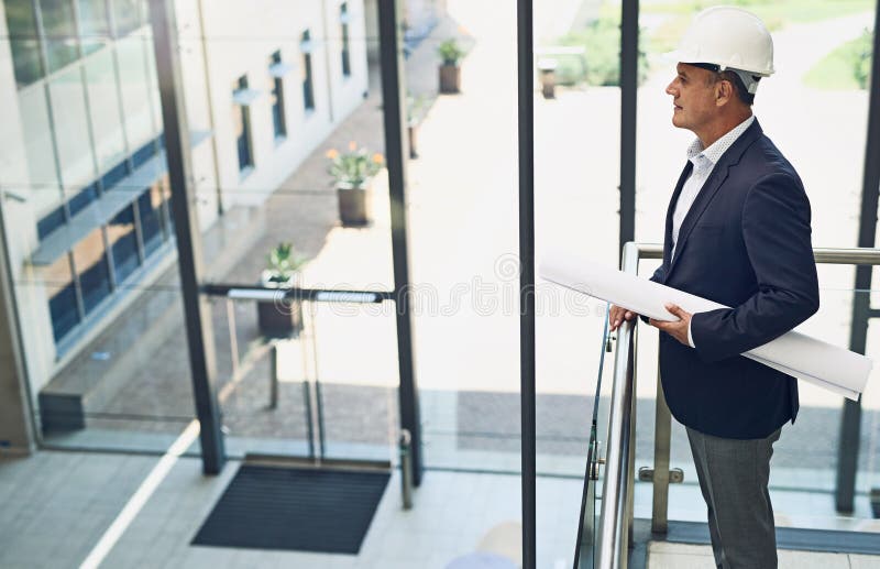 Blueprint, Man and Engineer Thinking at Construction Site for Office ...