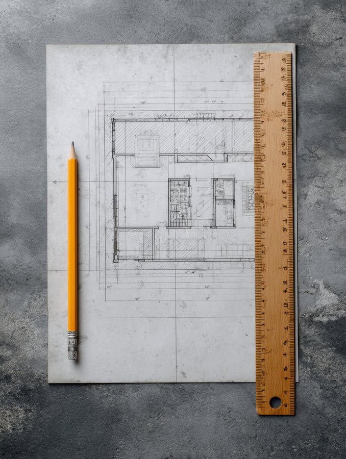 Blueprint Layout on a Neutral Table with Pencil and Ruler at a ...