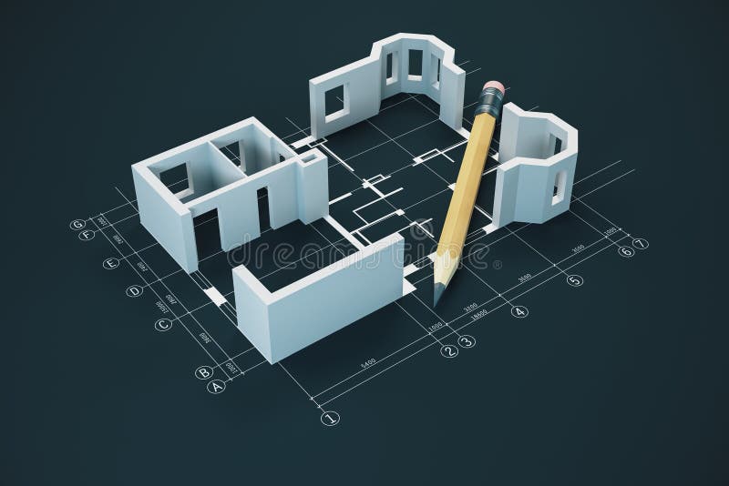 Blueprint, Pencil and House Model on Yellow Table Stock Illustration ...