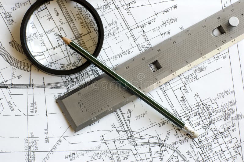 Pen, Scale Ruler and Blueprint Stock Image - Image of background ...