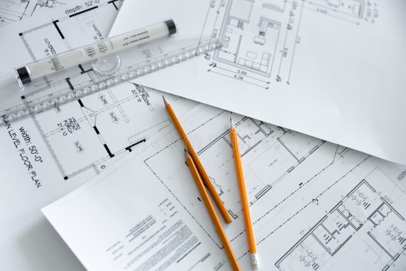 Blueprint with Pencils and Rules, Design, Construction and Architecture ...