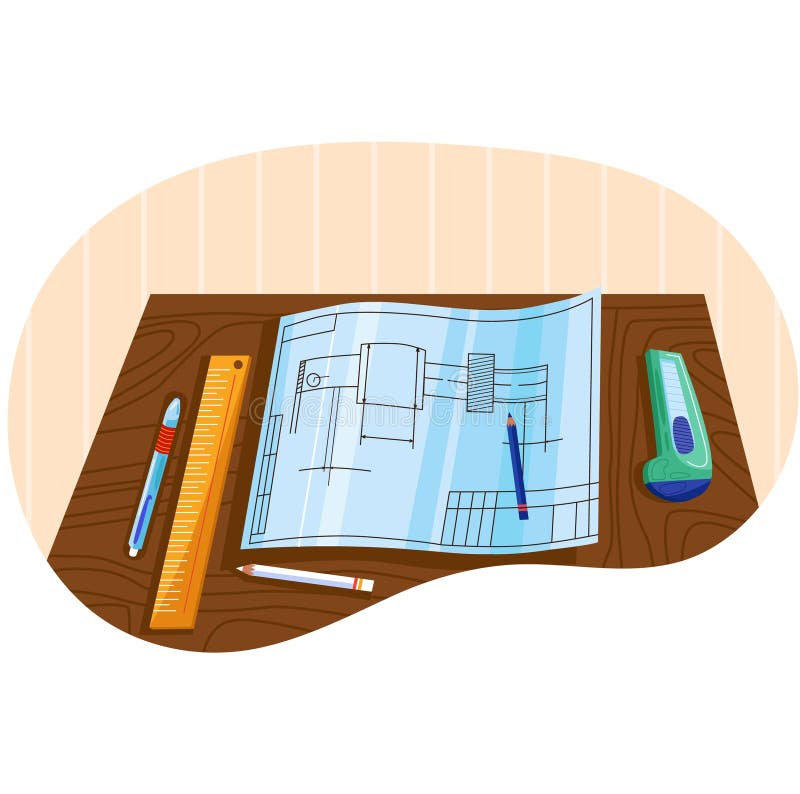 Blueprint Plan Document on Desk Flat Vector Stock Illustration ...