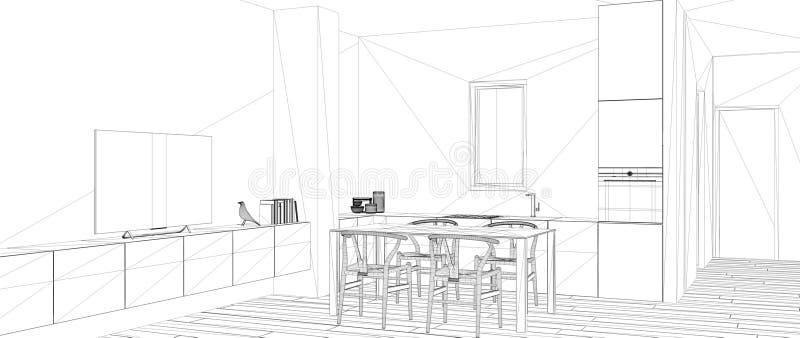 Blueprint Project Draft, Sketch of Minimalist White Kitchen with Dining ...