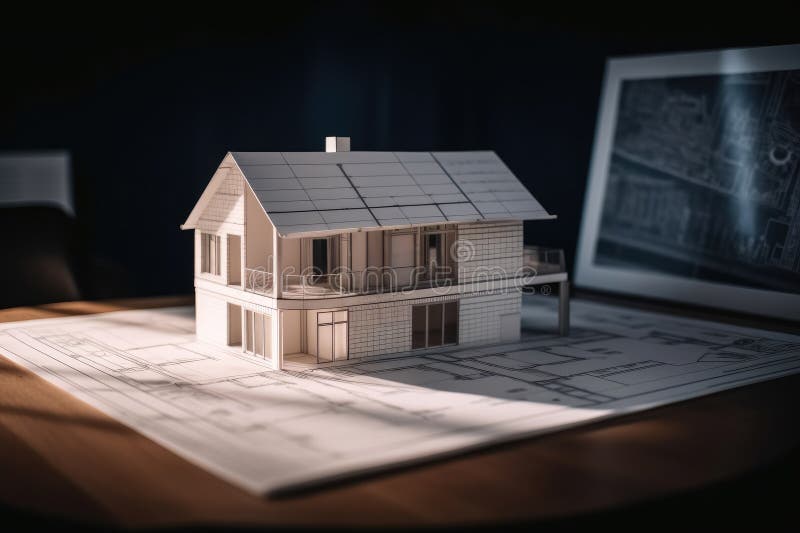 A Blueprint of a Residential House on a Desk with a Model of the House ...