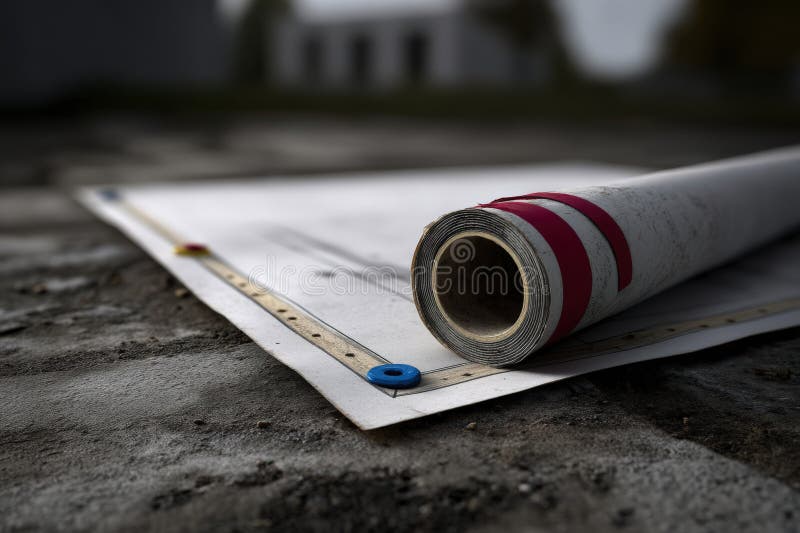 Construction Plans Lie on the Ground Next To a Rolled Blueprint at a ...