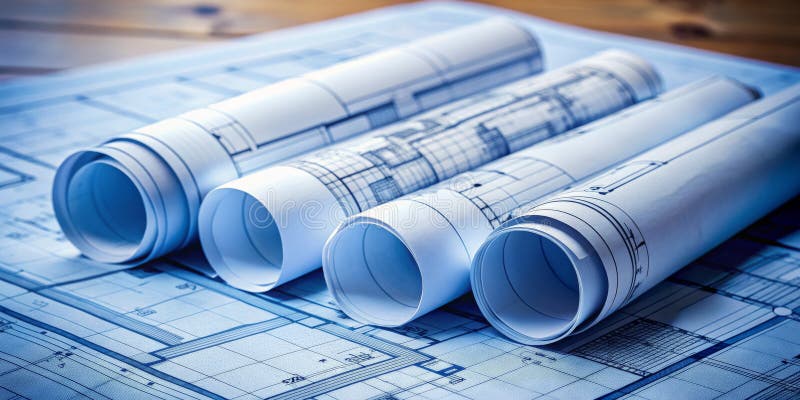 Blueprint Rolls Close-up Perspective, Four Rolls, Architectural Plans ...