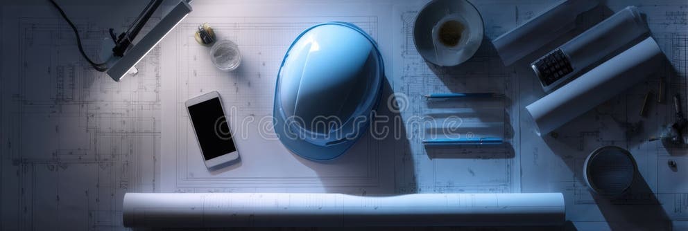Blueprint Rolls and Construction Helmet Flatlay with Overhead Lighting ...