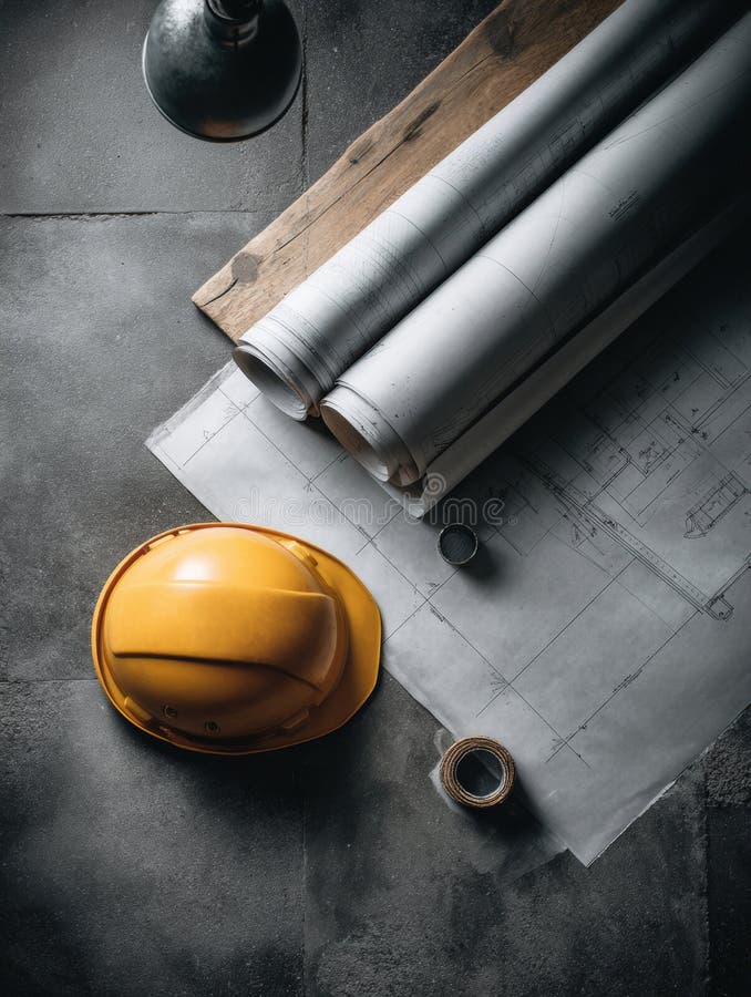 Blueprint Rolls and Hard Hat Arranged on a Flat Surface Under Overhead ...