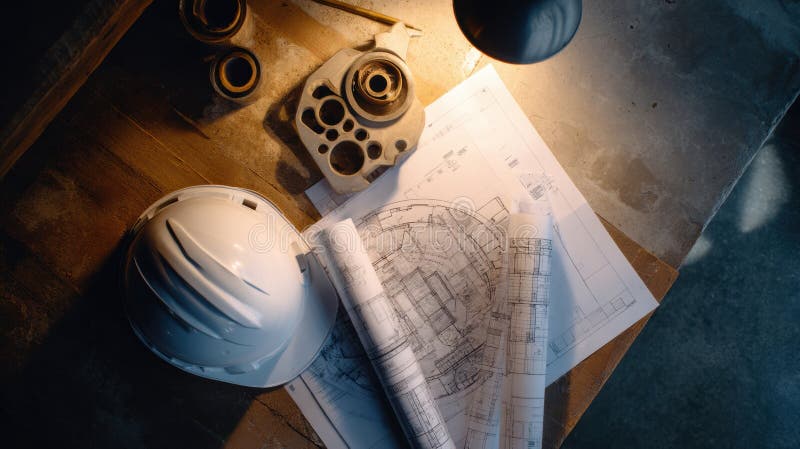 Blueprint Rolls and Helmet Arranged on Work Surface with Overhead Light ...
