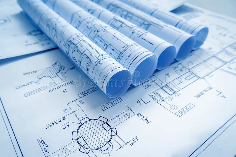 Blueprint Rolls and Set of Construction Tools Stock Illustration ...