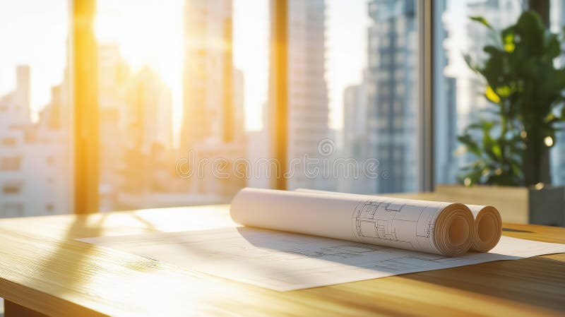 Blueprint Rolls on a Sunlit Office Table in a Modern High Rise Building ...