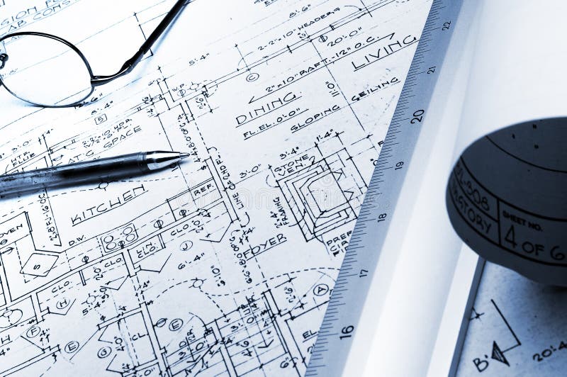 Blueprint with Ruler and Glasses Stock Photo - Image of blueprint ...
