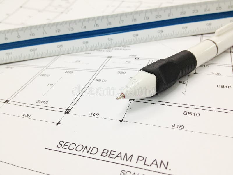 Blueprint with Ruler and Pen Stock Photo - Image of measurements, scale ...