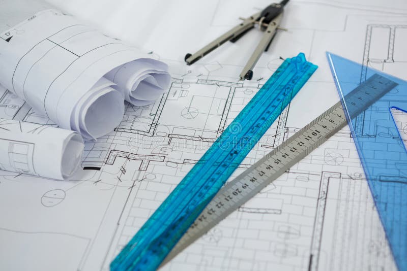 Blueprint with Ruler, Pencil and Thumbscrew Compasses Stock Image ...