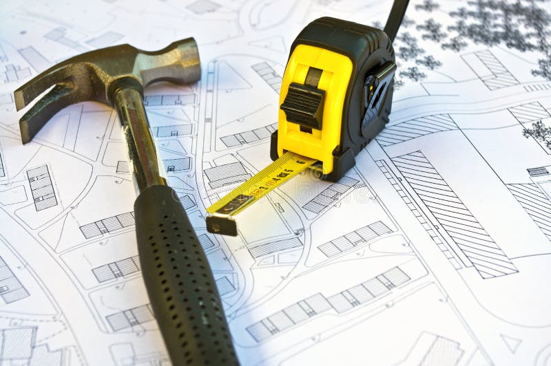 Blueprint with Some Materials Stock Image - Image of blueprint, tape ...