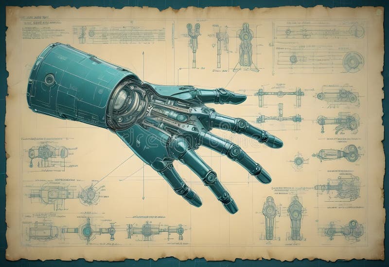 A Blueprint-style Drawing of a Robotic Hand. the Hand is Made of Metal ...