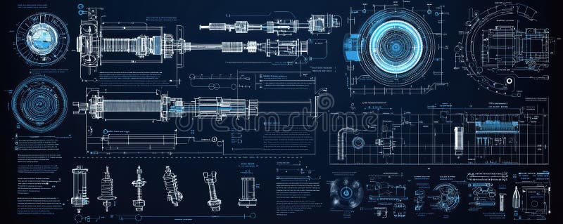 Blueprint-style Engineering Drawing with Intricate Technical Details of ...