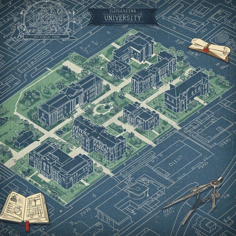 Blueprint-style Illustration of a University Campus Labeled "ELICGRE3NA ...