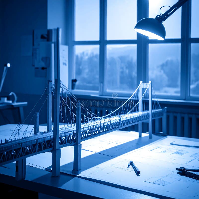 Blueprint for Success. Bridge Model on a Drafting Table, Symbolizing ...