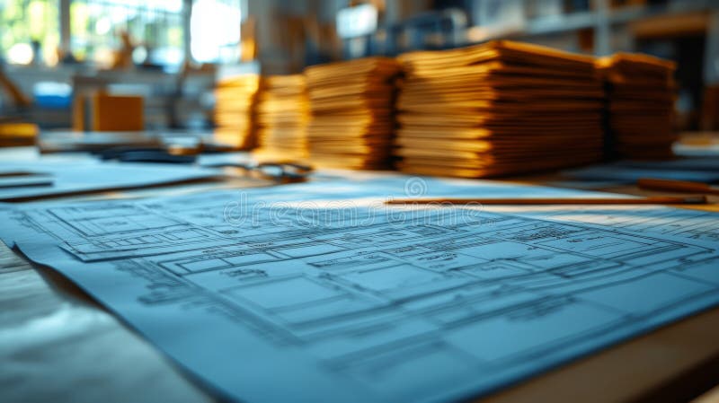 Blueprint on a Table in an Office Stock Illustration - Illustration of ...