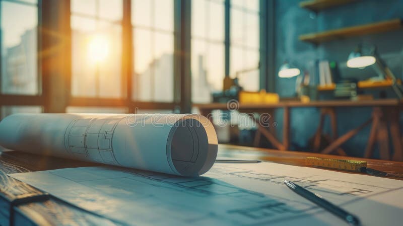 Blueprint Table and Pen stock image. Image of creativity - 375419907