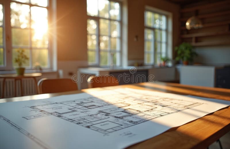 Blueprint on Table with Sunlight through Windows in Renovated Home with ...