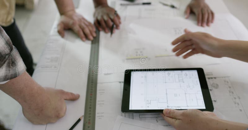 Blueprint, Tablet Screen and Hands or Teamwork in Construction ...