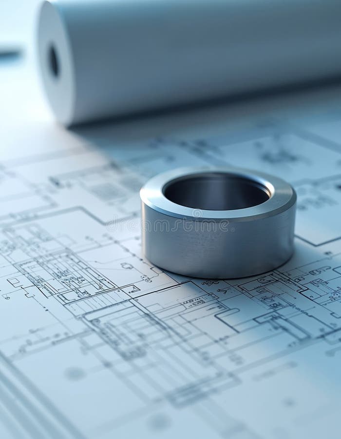 Blueprint Technical Drawing with Metal Ring and Rolled Paper ...