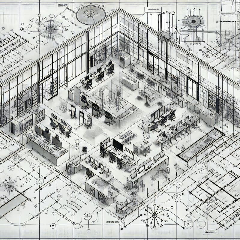 Blueprint Technical Drawings of Office Spaces and Networks Overl Stock ...