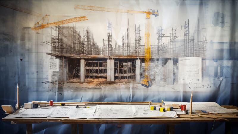 Blueprint and Tools on a Desk in a Construction Site. Drawing Table for ...
