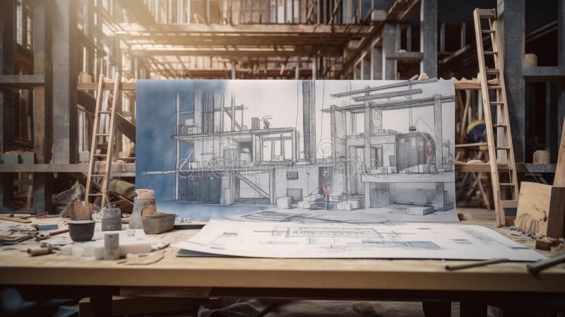 Blueprint and Tools on a Desk in a Construction Site. Drawing Table for ...