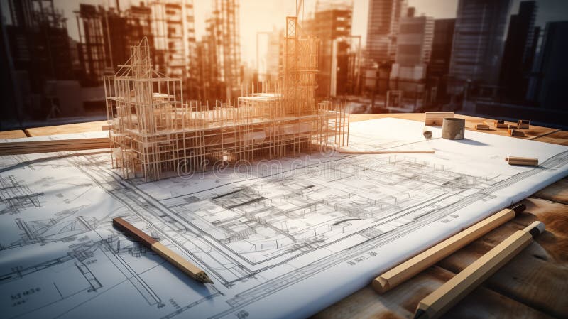 Blueprint and Tools on a Desk in a Construction Site. Drawing Table for ...