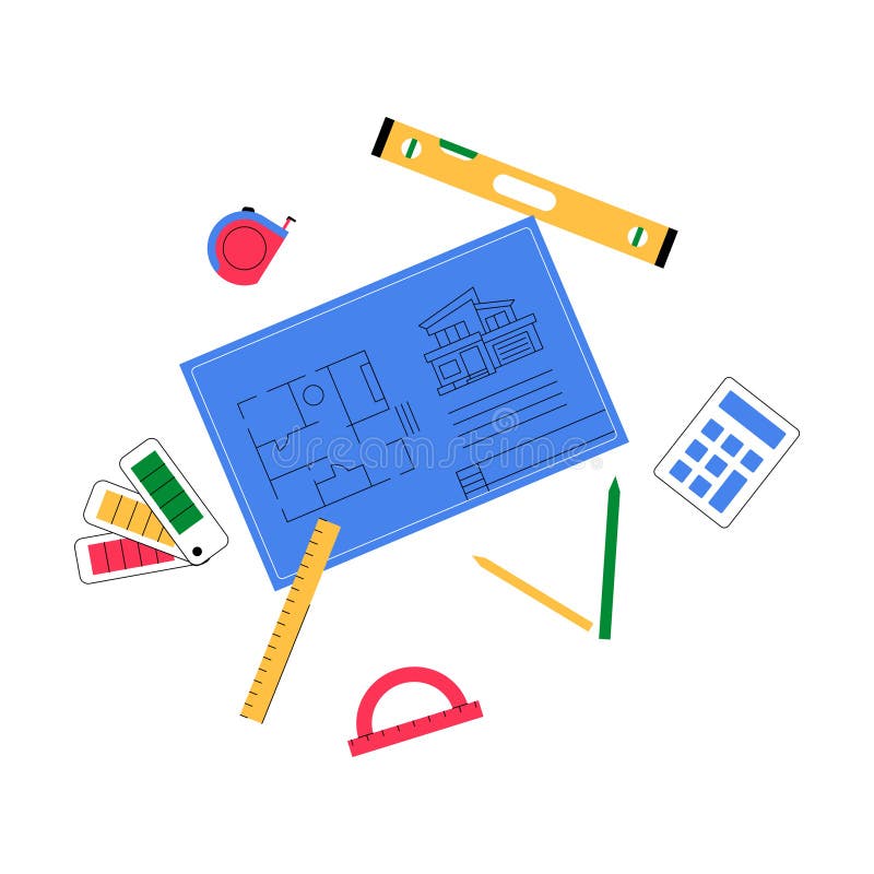 Blueprint and Tools in Flat Vector Illustration Symbolizing ...