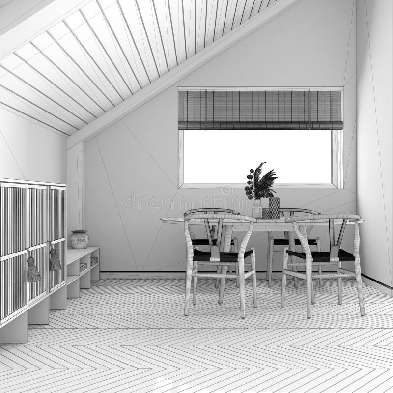 Blueprint Unfinished Project Draft, Minimal Wooden Dining Room with ...