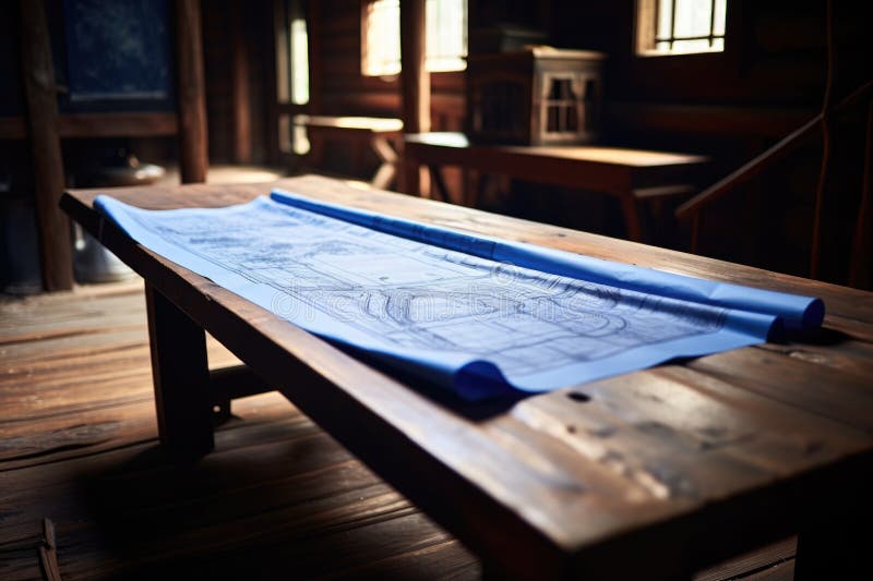 A Blueprint Unrolled on a Wooden Table Stock Photo - Image of workspace ...