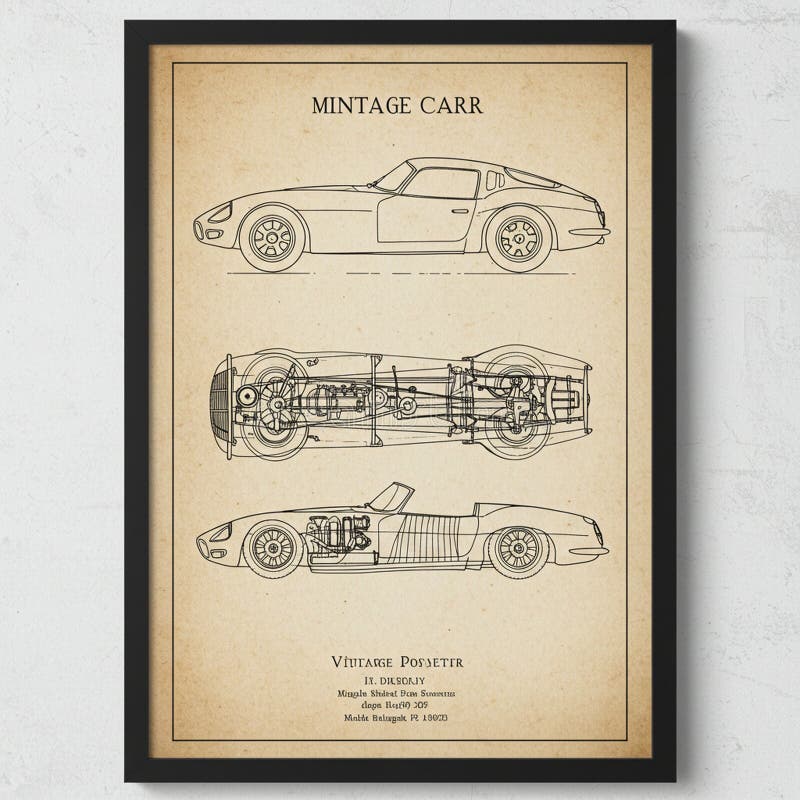 Blueprint of a Vintage Car Design with Three Views: Side Profile, Top ...