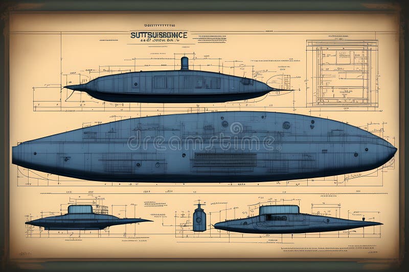 Blueprint of Vintage Submarine, Generative AI Illustration Stock ...