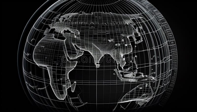 Blueprint Wireframe of Translucent Earth on Black Background Made with ...