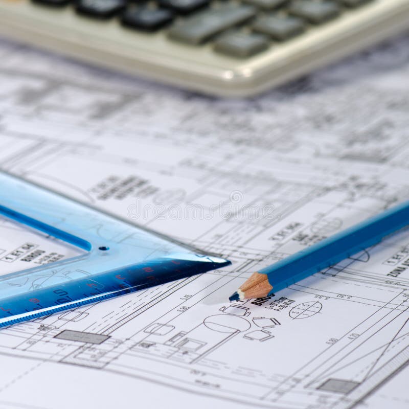 Engineering Drawings with Drafting Pencil, Highlighters and Measuring ...