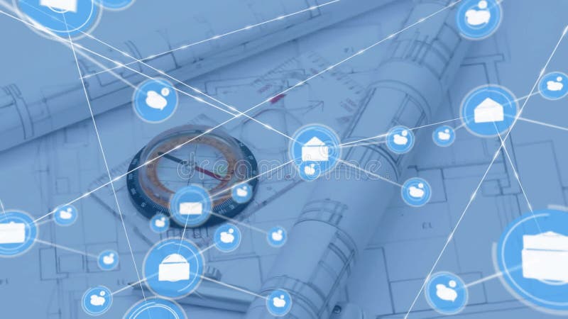 Blueprints and Compass with Network of Connections Animation Overlaid ...