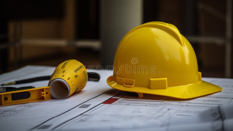 Blueprints Construction and a Yellow Helmet on Papers Generative AI ...