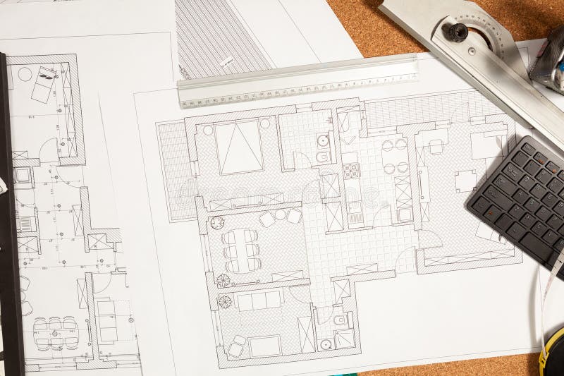Blueprints and 3D Plans on Architect Table Stock Image - Image of ruler ...