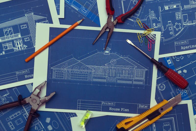 Blueprints on Desk stock image. Image of design, pencil - 45700411