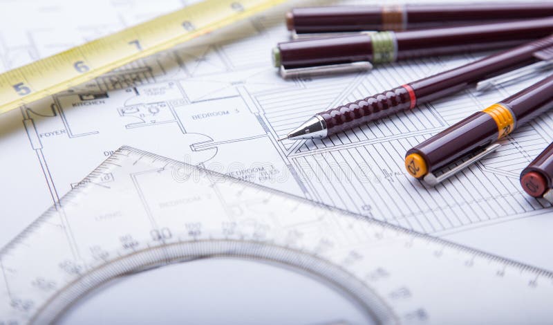 Blueprints and Drafting Tools. Stock Image - Image of estate, print ...