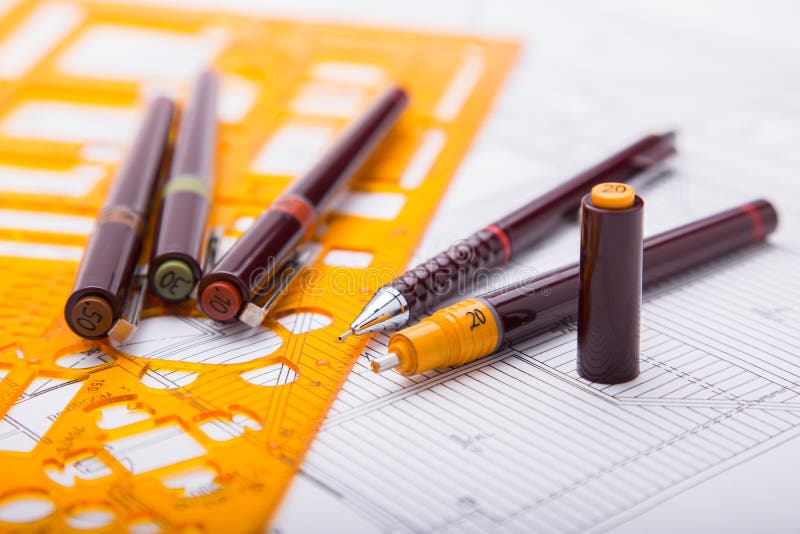 Blueprints and Drafting Tools. Stock Image - Image of dimensional ...