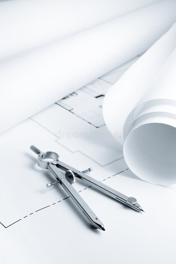 Blueprints with Drawing Compass Stock Image - Image of document ...