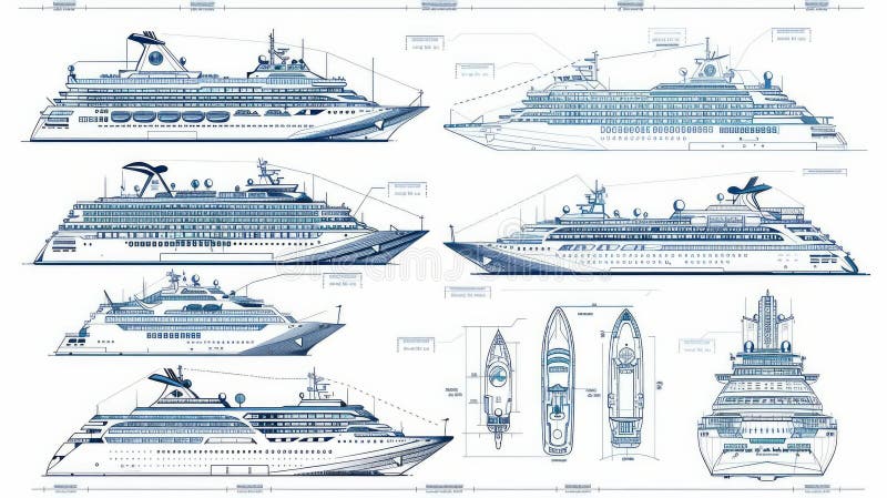 Blueprints, Drawing of Cruise Ship Isolated on White Background, Modern ...