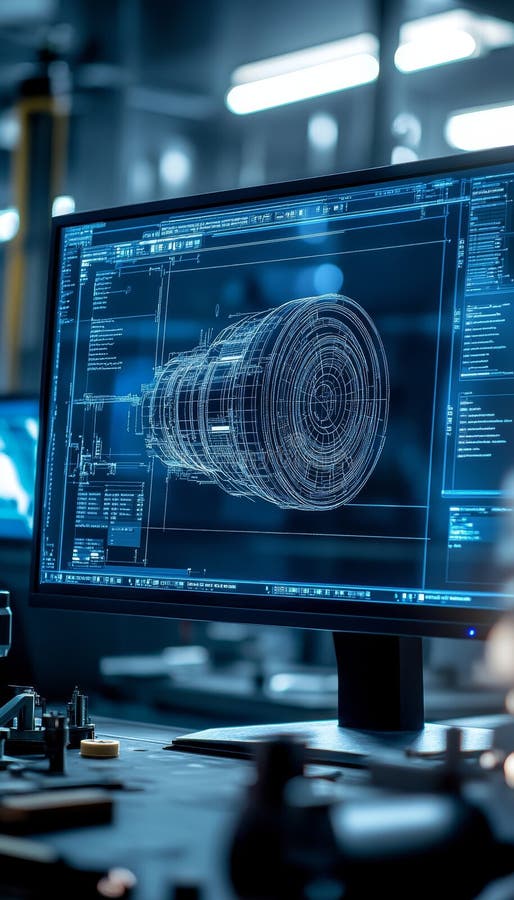 Blueprints of an Electric Motor on a Computer Screen Amidst Tools in a ...